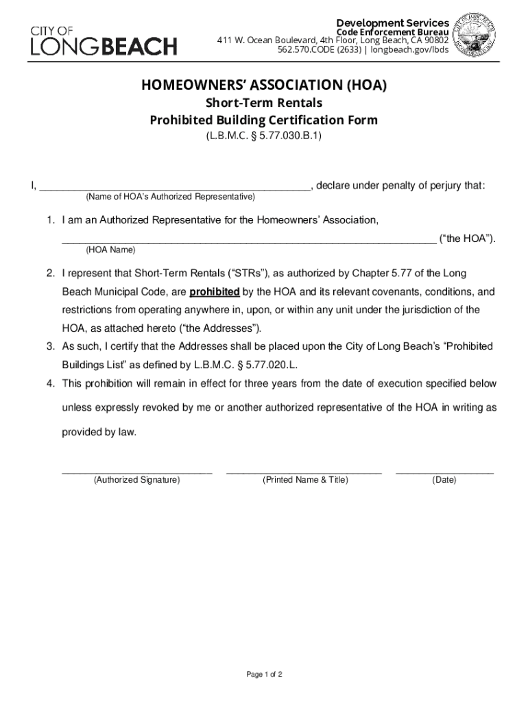 Fillable Online STR HOA Self-Certification Form fillable - Long Beach ...