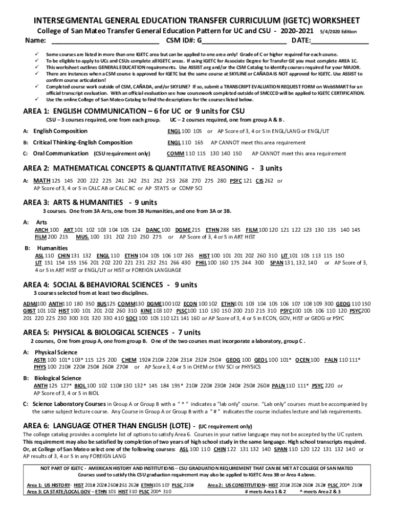 Fillable Online INTERSEGMENTAL GENERAL EDUCATION TRANSFER CURRICULUM ...