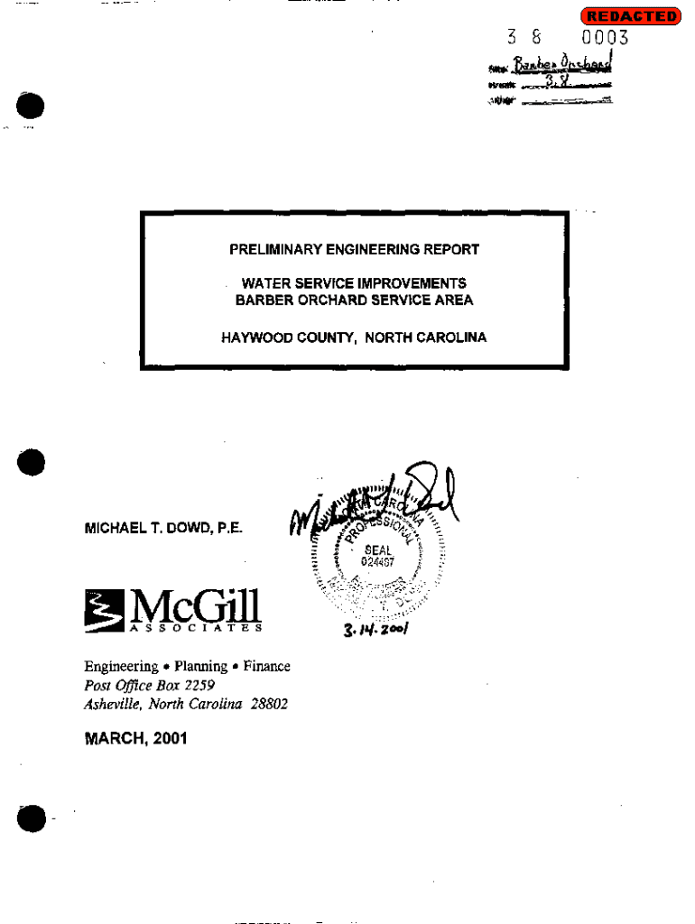 Fillable Online "PRELIMINARY ENGINEERING REPORT, WATER SERVICE ...