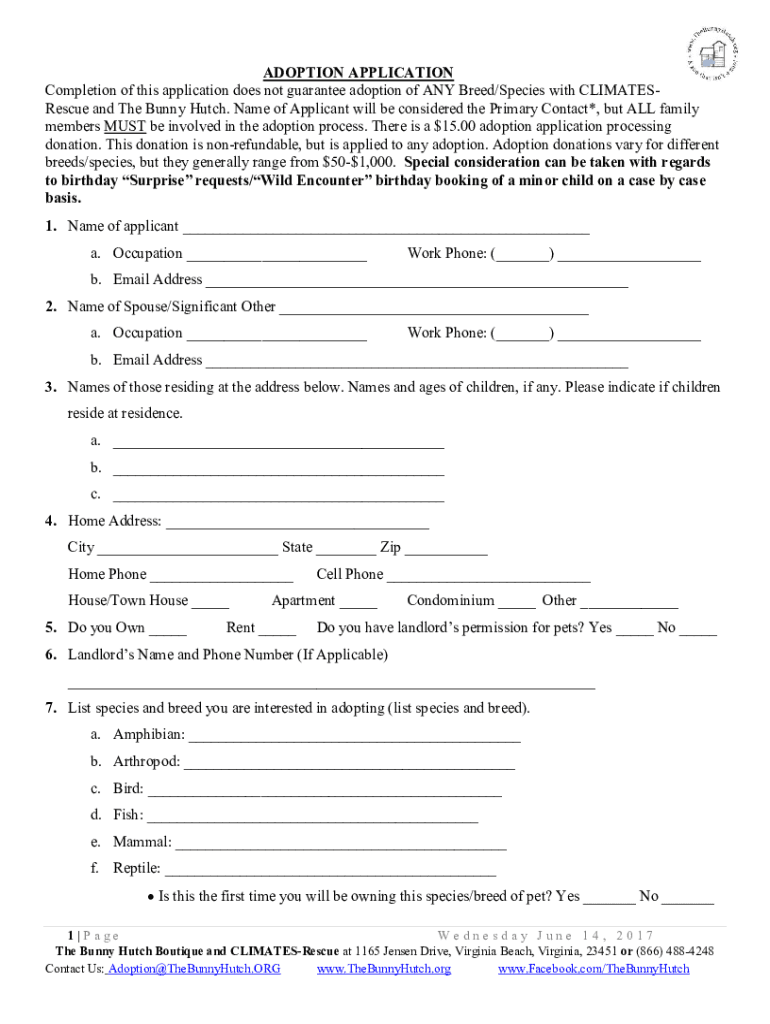 Fillable Online Adoption ApplicationDoe Eyes Animal Sanctuary and Rescue Fax Email Print - pdfFiller
