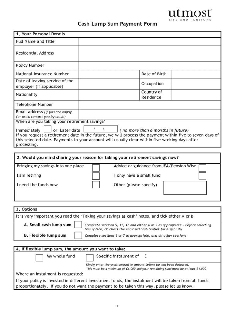 Fillable Online Cash Lump Sum Payment Form Fax Email Print - pdfFiller