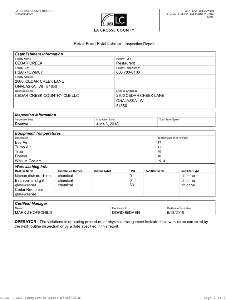 Fillable Online Cedar Creek - Retail Food Establishment Inspection ...