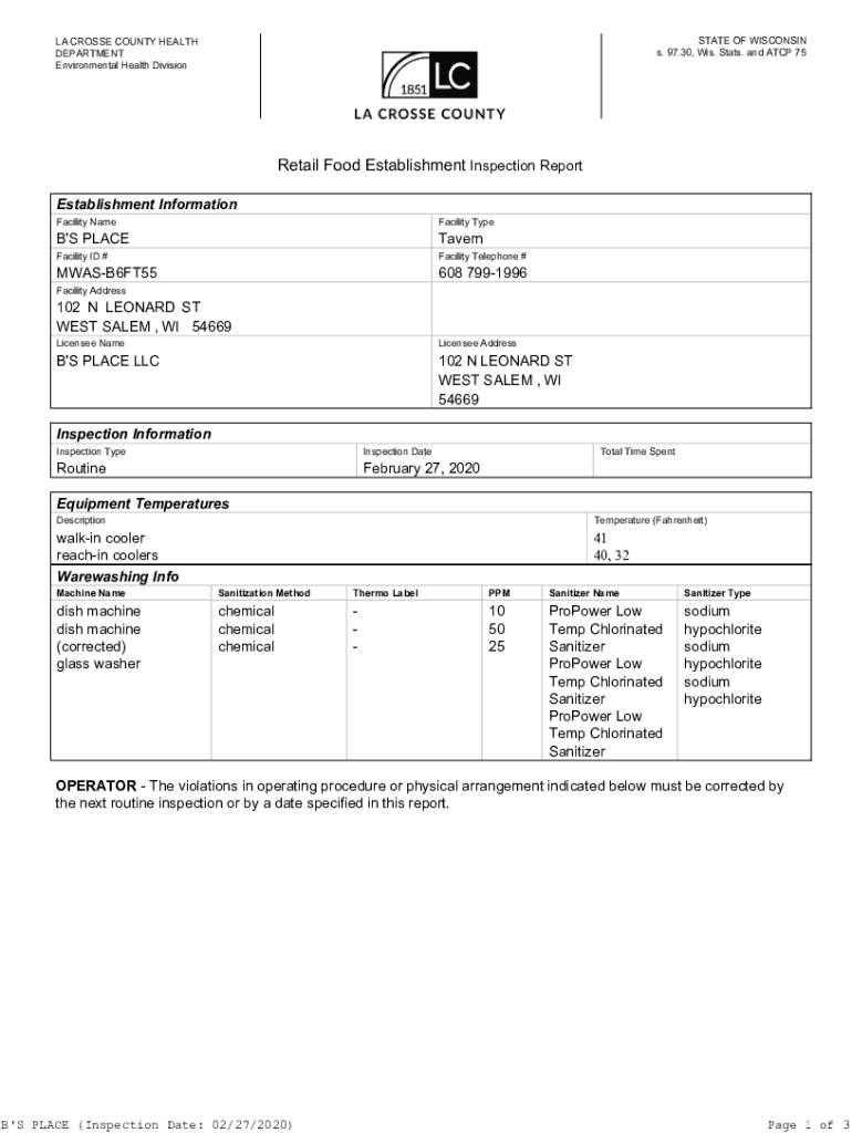 Fillable Online B's Place - Retail Food Establishment Inspection Report ...