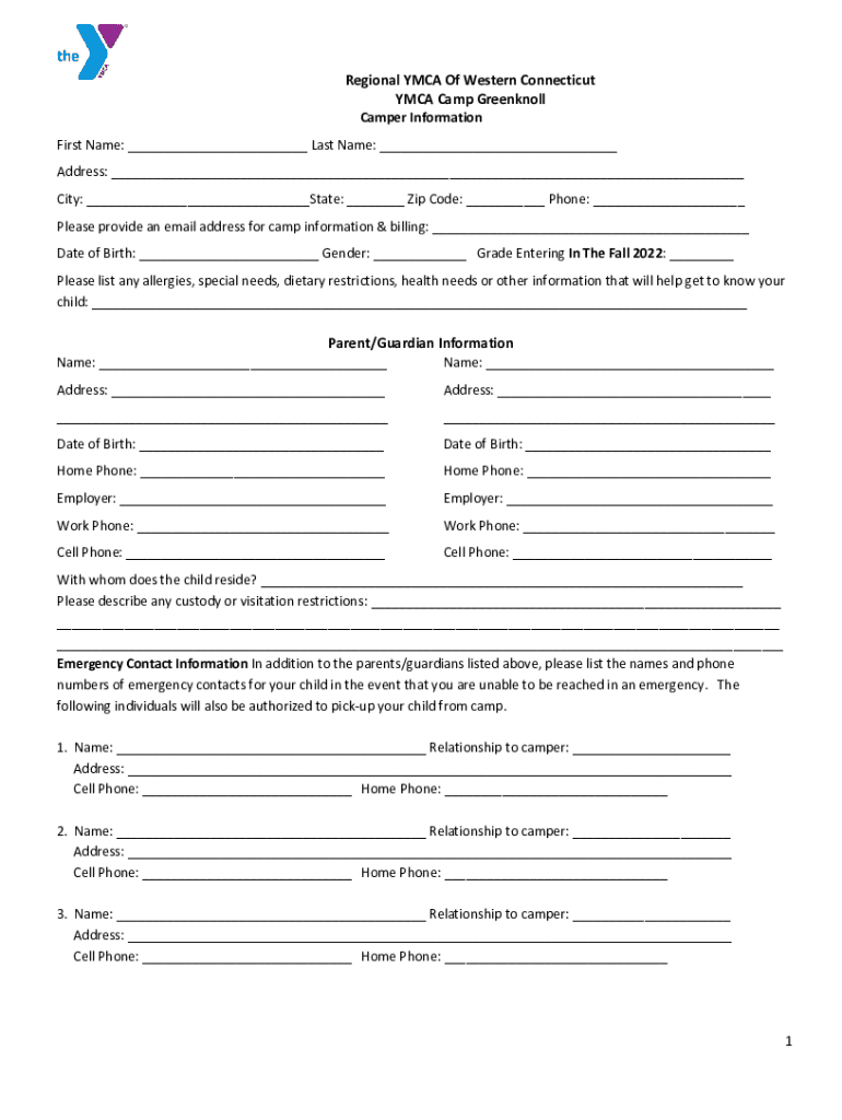 Fillable Online The YMCA Camp Greenknoll NEW - The YMCAGreenknoll Branch - Regional YMCA of ...