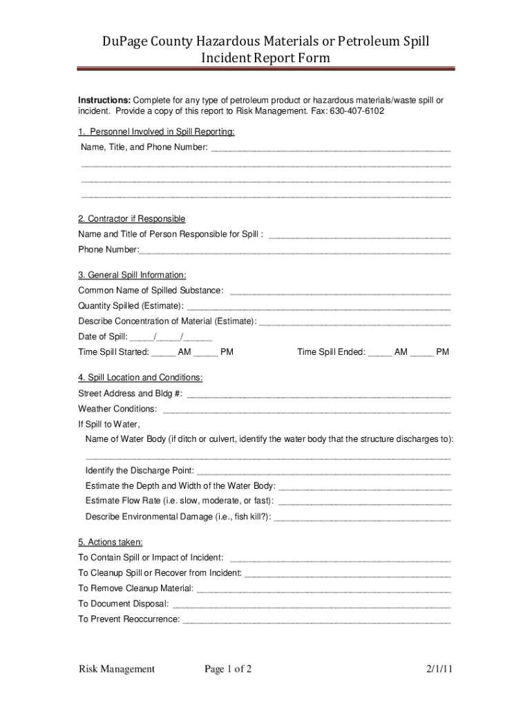 Fillable Online DuPage County Hazardous Materials or Petroleum Spill ...