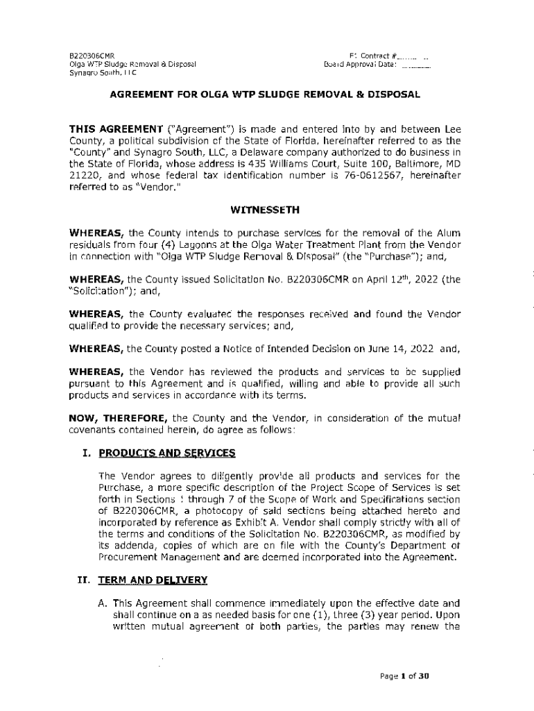 Fillable Online AGREEMENT FOR OLGA WTP SLUDGE REMOVAL & DISPOSAL THIS ...