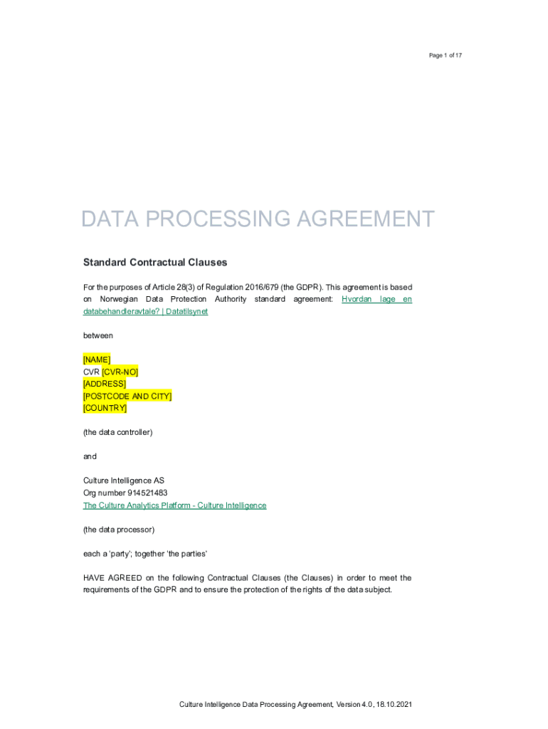 Fillable Online Culture Intelligence Data Processing Agreement Fax ...