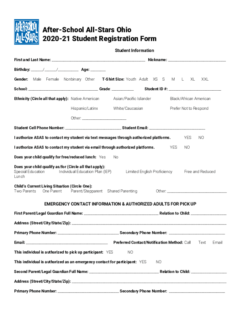 Fillable Online After-School All-Stars Ohio 2020-21 Student ...