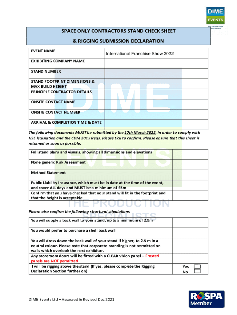 Fillable Online SPACE ONLY CONTRACTORS STAND CHECK SHEET & RIGGING ... Fax Email Print - pdfFiller