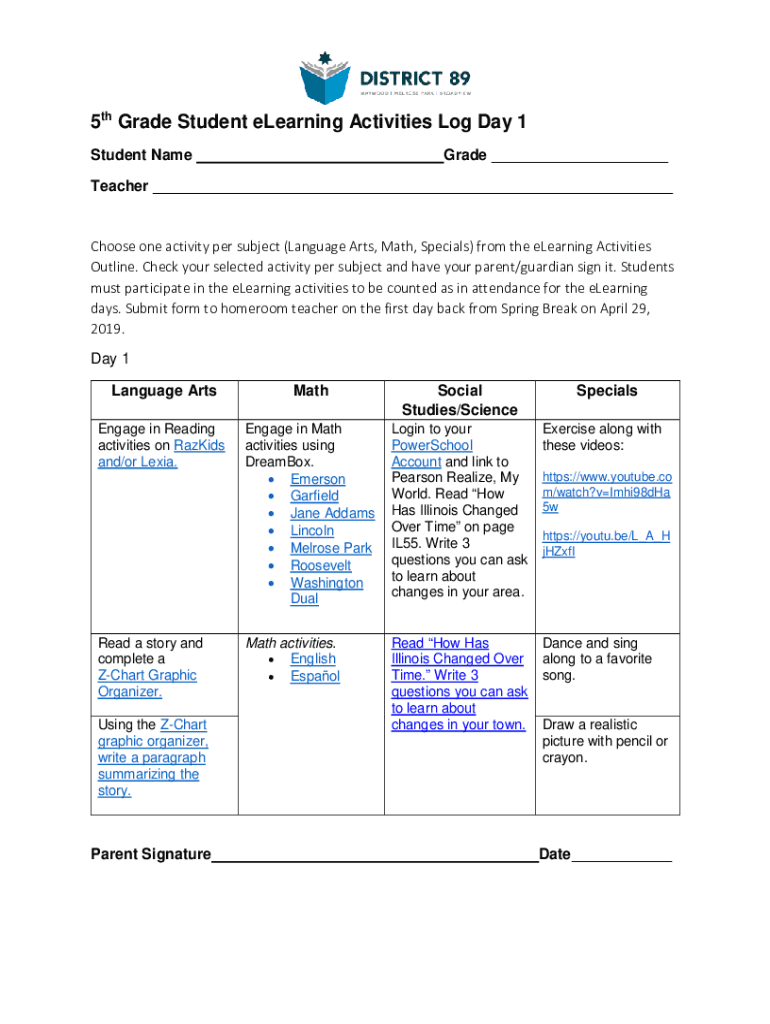 Fillable Online 5th-Grade-Day-6-EN-SP.pdf - 5th Grade Student eLearning Activities Log ... Fax ...