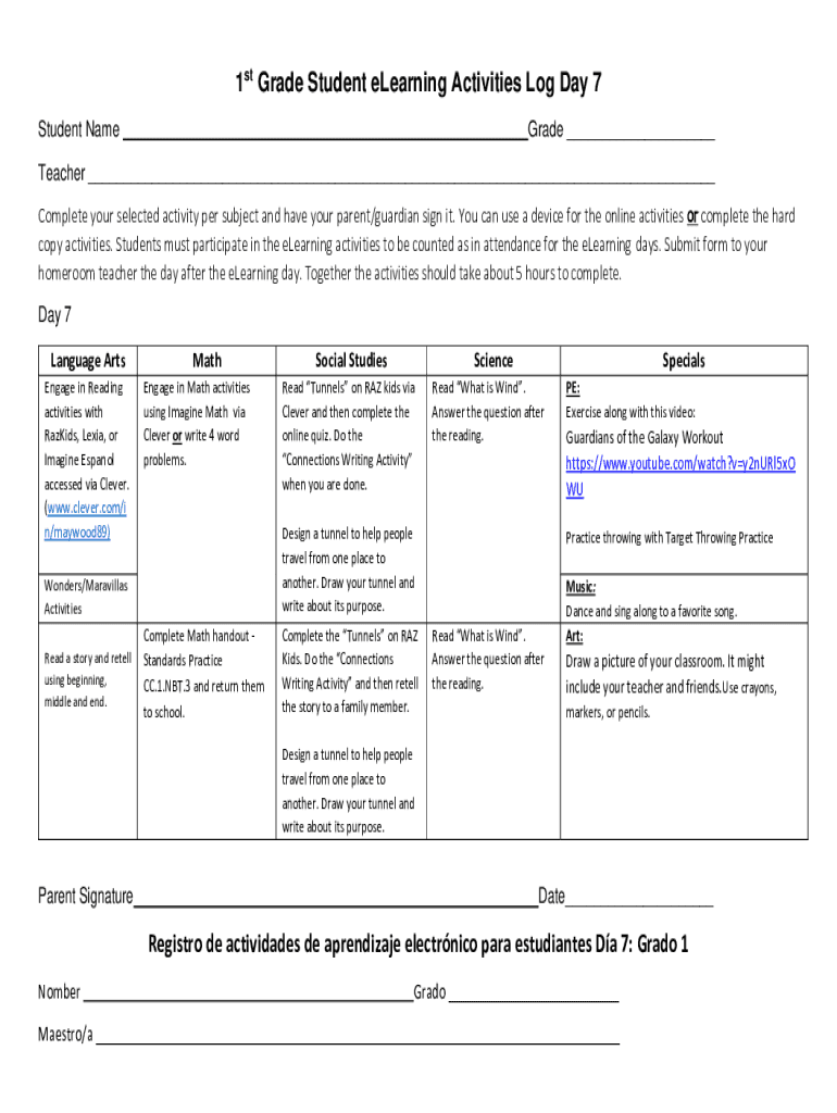 Fillable Online 1st Grade Student eLearning Activities Log Day 7 ...