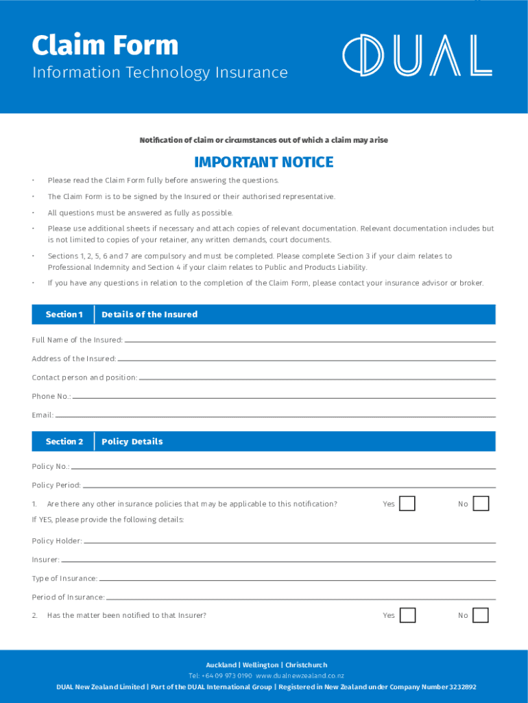 Fillable Online CLAIM FORM: INFORMATION TECHNOLOGY INSURANCE - BizCover ...