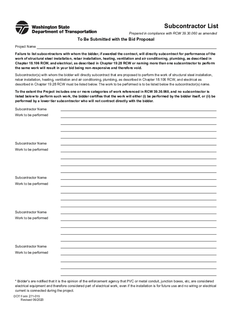 Fillable Online wsdot wa DOT Form 271-015 Subcontractor List ...