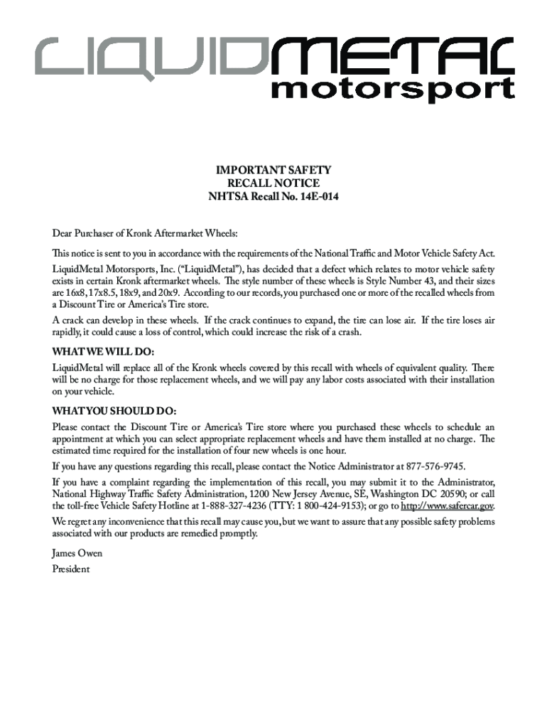 Fillable Online IMPORTANT SAFETY RECALL NOTICE NHTSA Recall No. 14E-014 ...