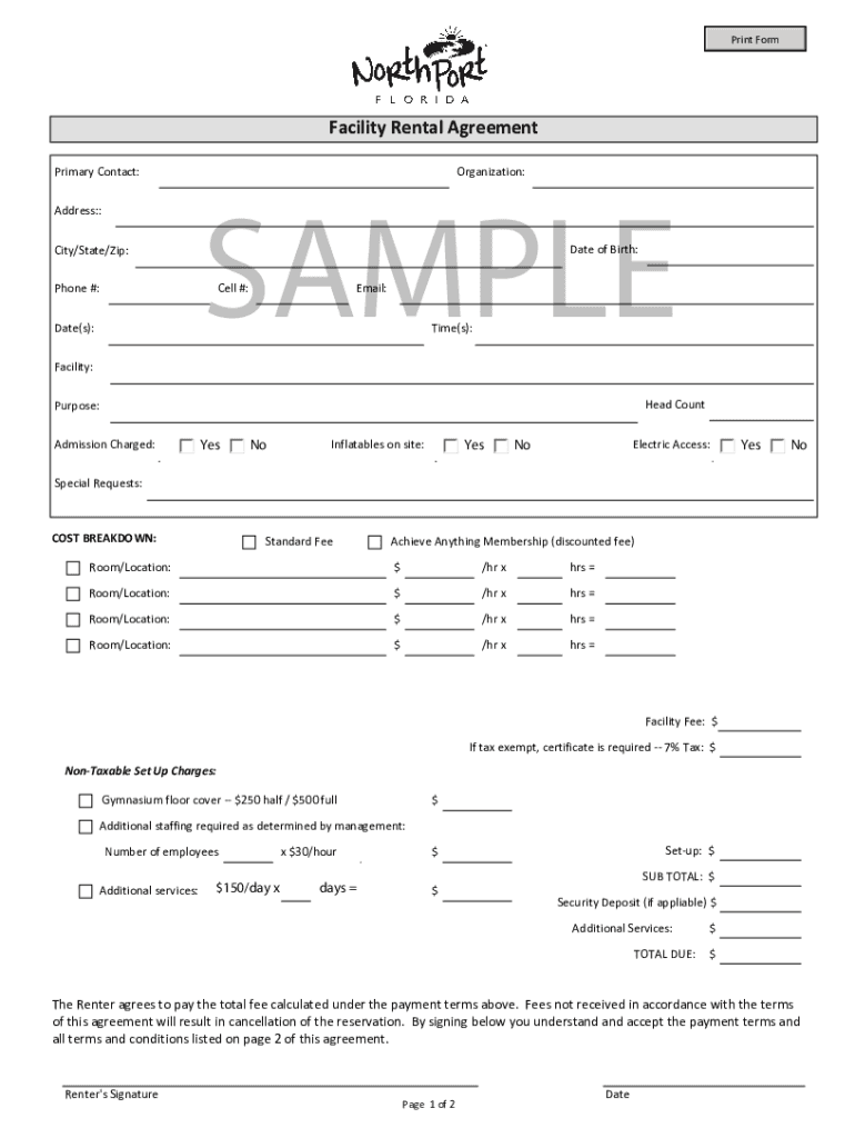 Fillable Online Facility Rental Agreement SAMPLE - North Port, FL Fax ...