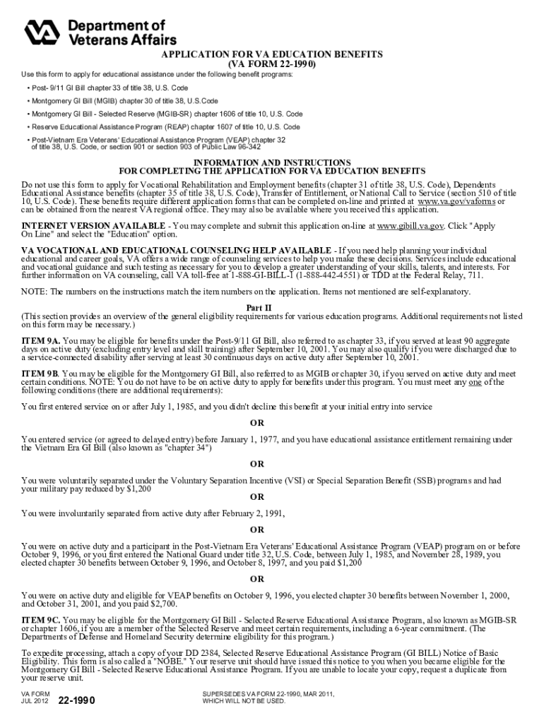 Fillable Online APPLICATION FOR VA EDUCATION BENEFITS (VA FORM 22-1990 ...