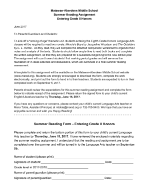 Fillable Online Summer Reading Form - Entering Grade 8 Honors Fax Email ...