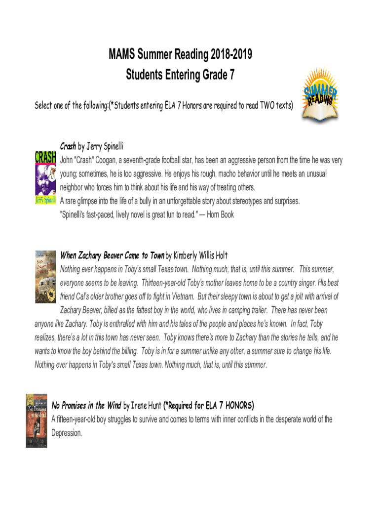 Fillable Online Summer Reading Titles for Students Entering Grades 7 ...