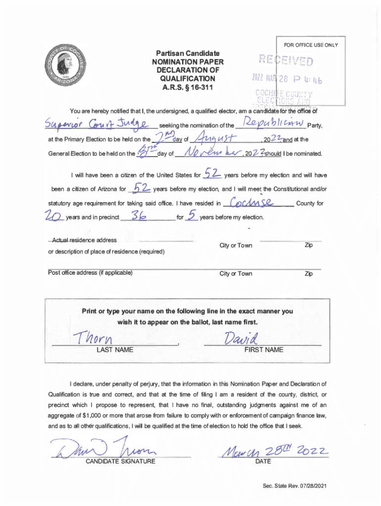 Fillable Online STATE OF ARIZONA NOMINATION PAPER DECLARATION OF ...