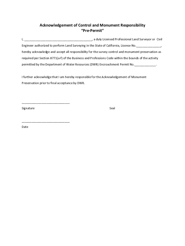 Fillable Online water ca Acknowledgement of Control and Monument ...