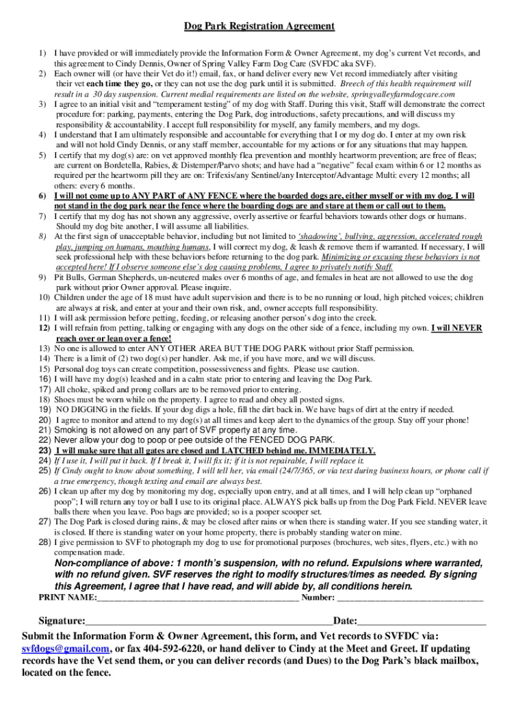 Fillable Online SVF Forms Word DOG PARK REGISTRATION Fax Email Print ...