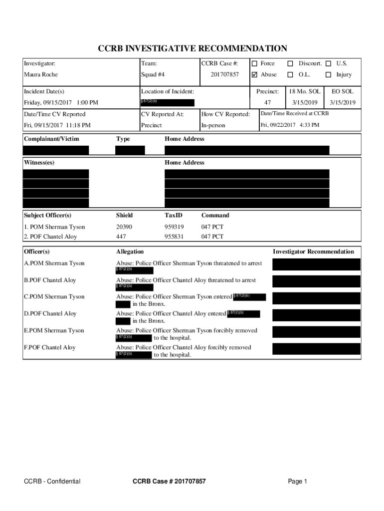 Fillable Online CCRB INVESTIGATIVE RECOMMENDATION Fax Email Print ...
