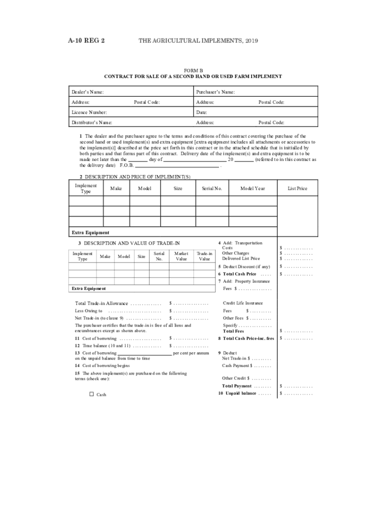 Fillable Online A-10 Reg 2 Form B - Contract for Sale of a Second Hand ...