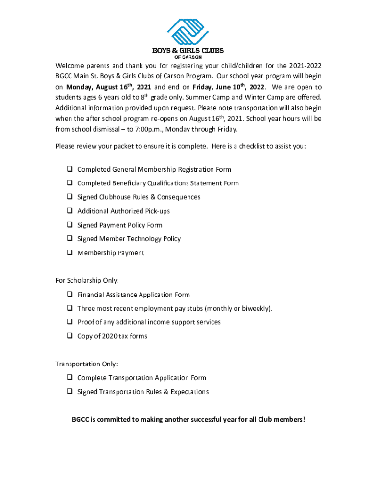 Fillable Online Welcome parents and thank you for registering your ...