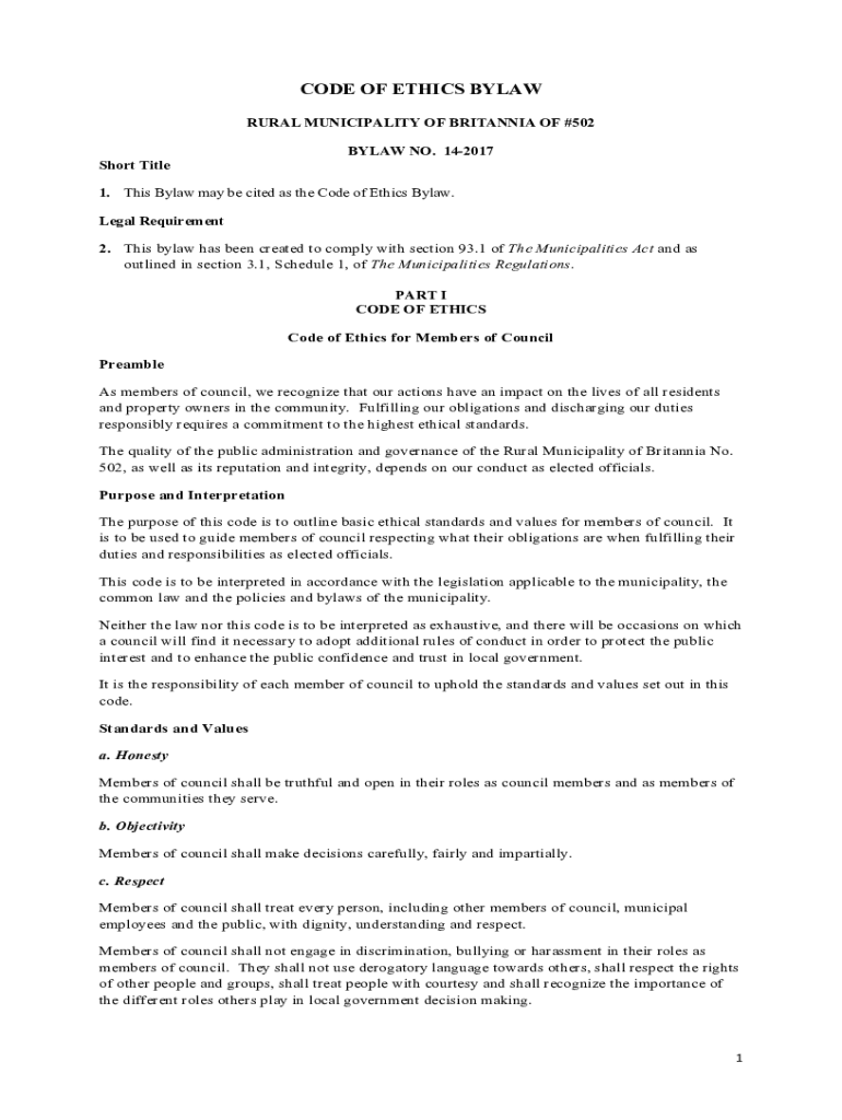 Fillable Online CODE OF ETHICS BYLAW - Rural Municipality of Britannia No. 502 Fax Email Print ...