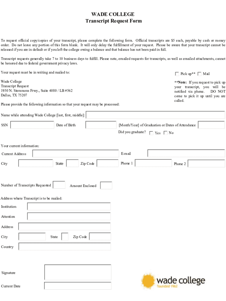 Fillable Online formspal.comwade-college-transcript-requestWade College ...