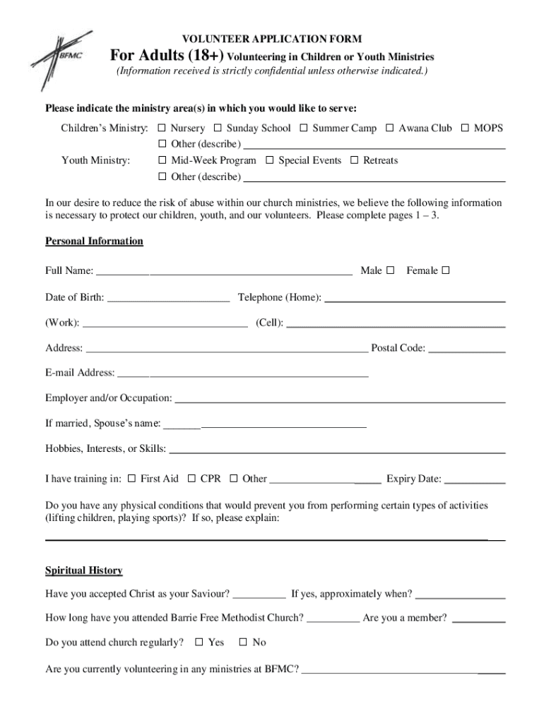 Fillable Online Children's Ministry Volunteer Application Form ...