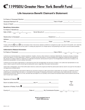Fillable Online GNY Life Insurance Benefit Claimants Statement Fax ...