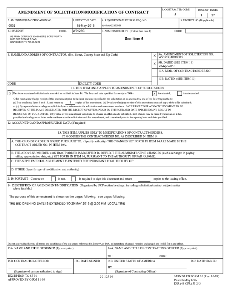 Fillable Online AMENDMENT OF SOLICITATION/MODIFICATION OF CONTRACT 1 2 ...