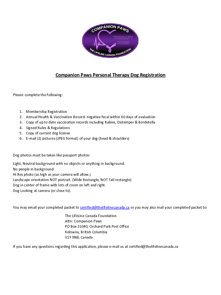 Fillable Online Personal Therapy Dog Application - Companion Paws ...
