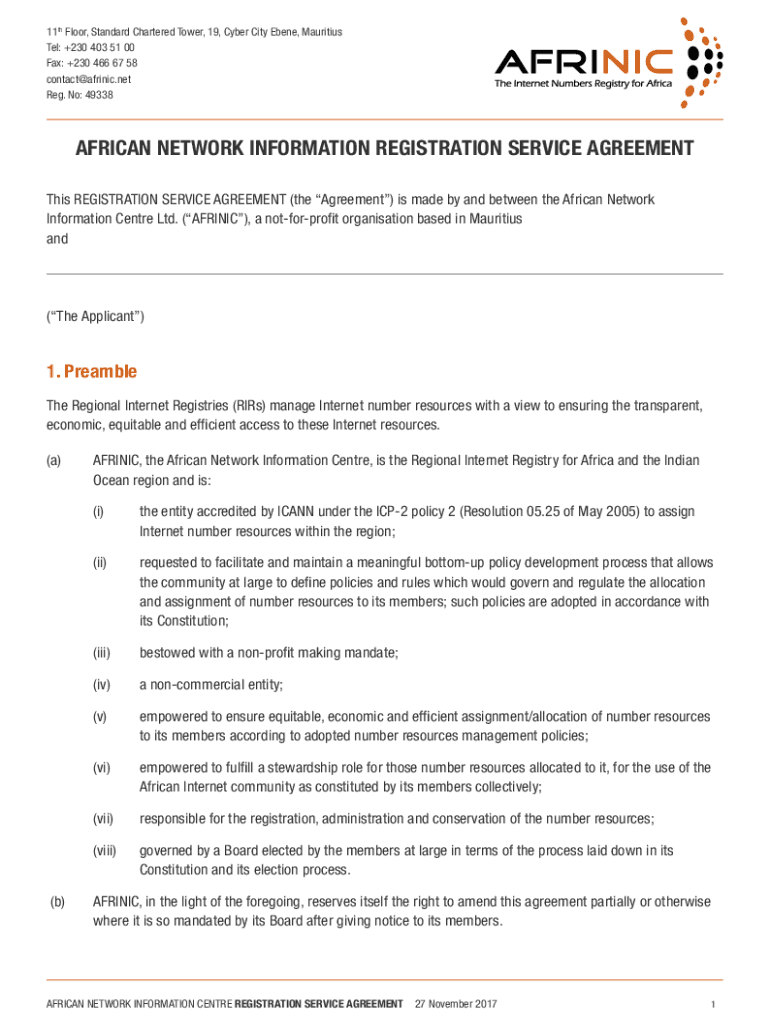 Fillable Online AFRINIC Registration Service Agreement (RSA). AFRINIC ...
