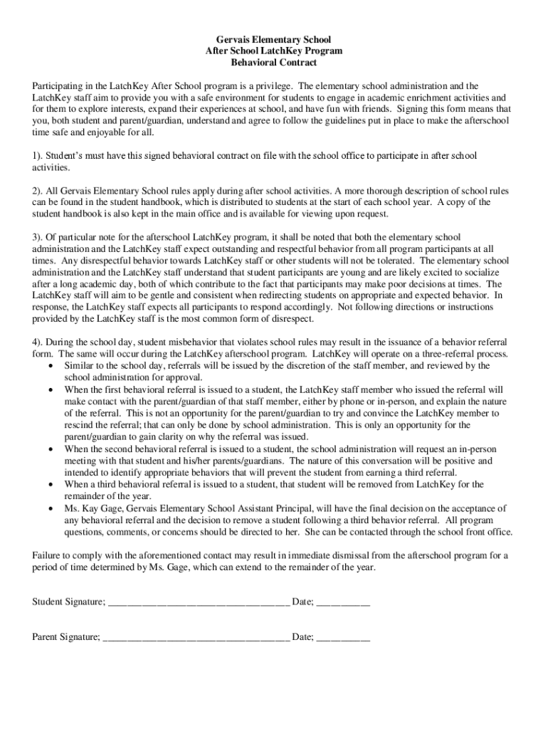 Fillable Online Gervais Elementary School After School LatchKey Program Behavioral Contract Fax ...