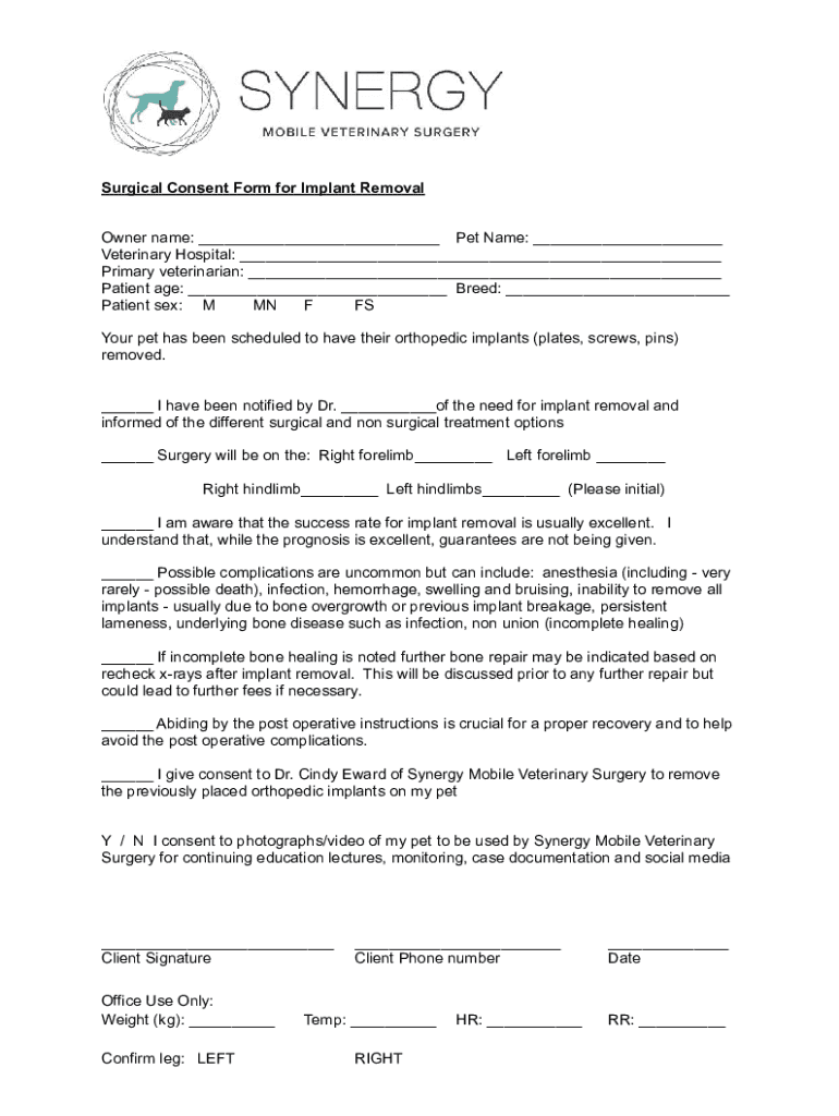 Fillable Online Surgical Consent Form - Newton Veterinary Hospital Fax ...