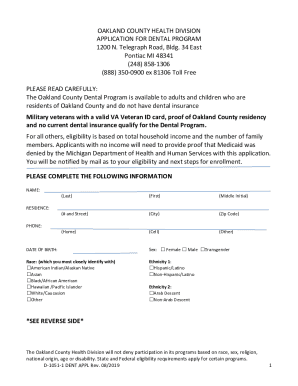 Fillable Online OAKLAND COUNTY HEALTH DIVISION DENTAL APPLICATION COVER ...