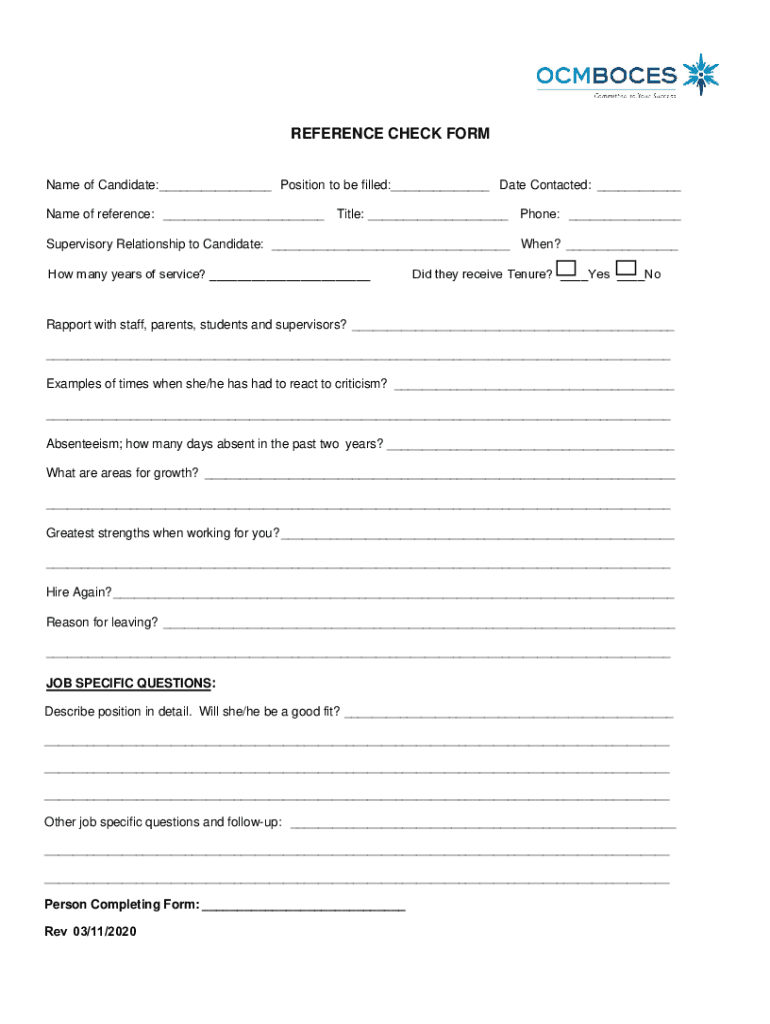 Fillable Online Reference Check Form - OCM Boces Fax Email Print ...