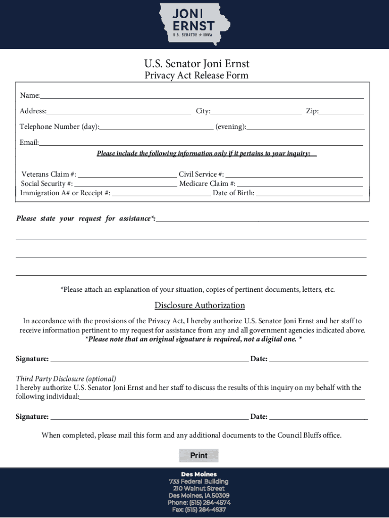 Fillable Online Download File: Casework Privacy Act Release Form (DSM)U.S. Senator ... Fax Email ...