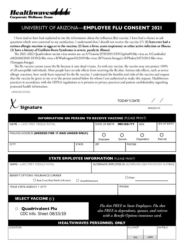 Fillable Online lifework arizona DEPT: INFLUENZA VACCINE CONSENT FORM ...