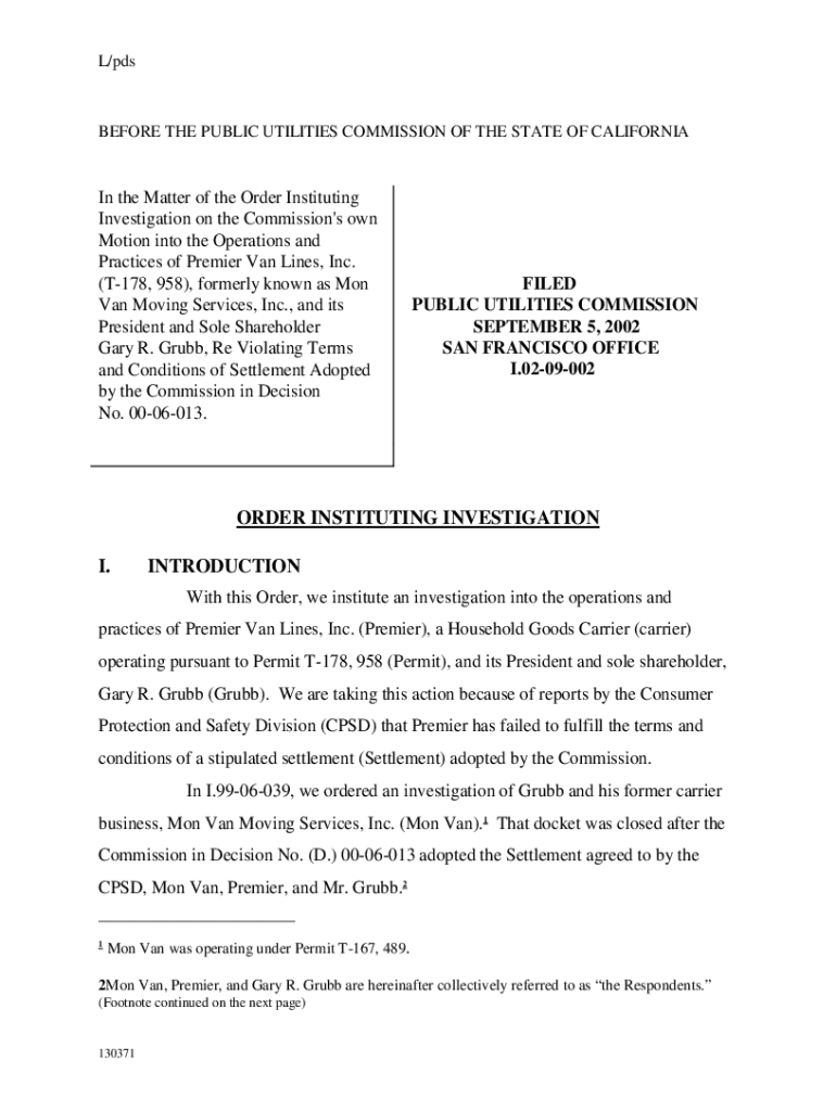 Fillable Online docs cpuc ca ORDER INSTITUTING INVESTIGATION I ...