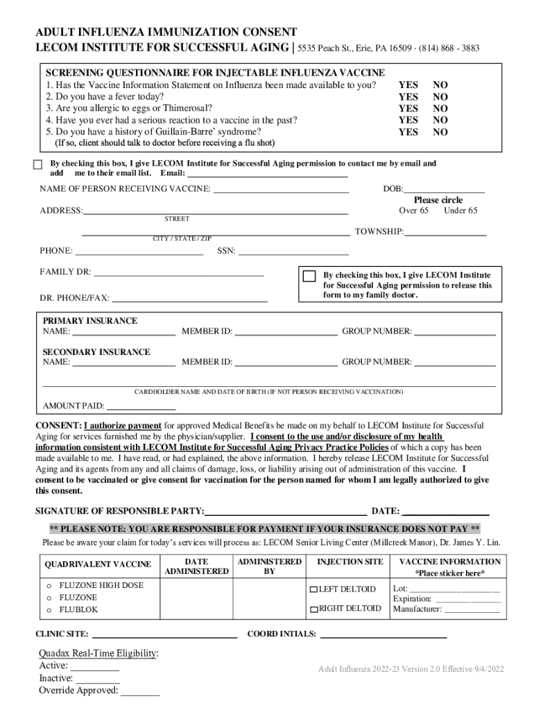 Fillable Online SCREENING QUESTIONNAIRE FOR INJECTABLE INFLUENZA ...