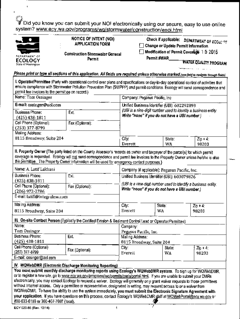 Fillable Online Well construction notice of intent - Washington ...