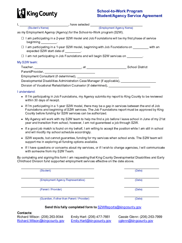 Fillable Online School-to-Work Program Student/Agency Service Agreement ...