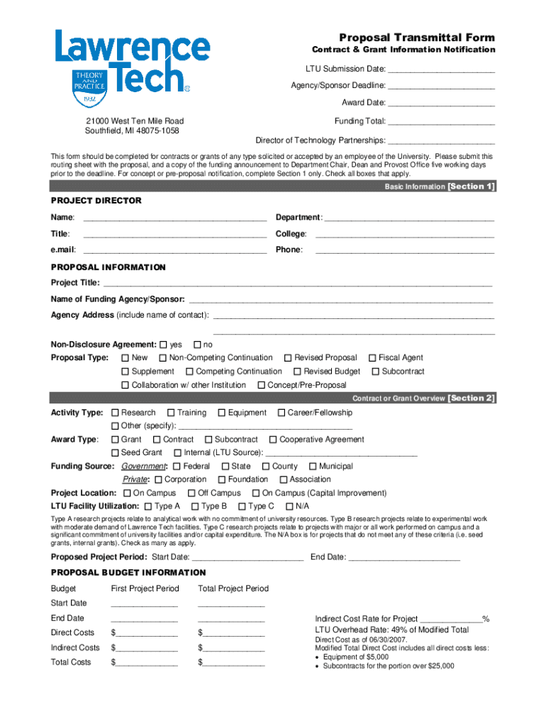 Fillable Online Proposal Transmittal Form - Lawrence Technological University Fax Email Print ...