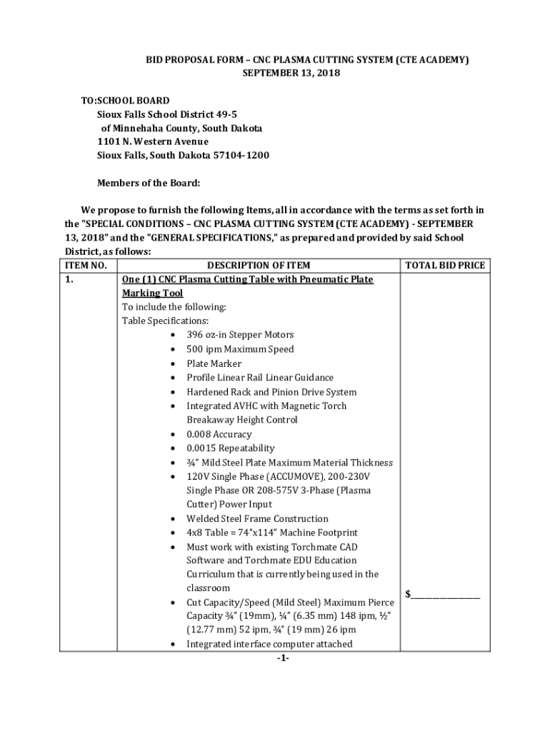 Fillable Online Bid Proposal Form for CNC Plasma Cutting System (CTE) Fax Email Print - pdfFiller