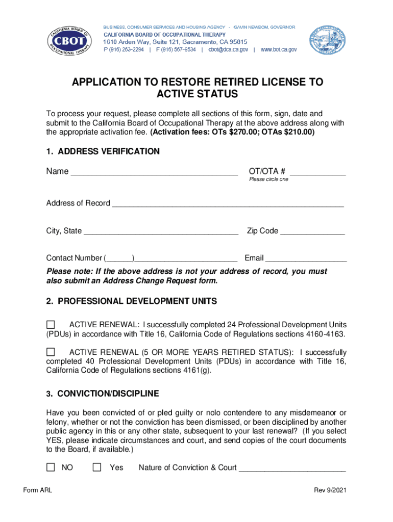 Fillable Online bot ca Application to Restore Retired License ...