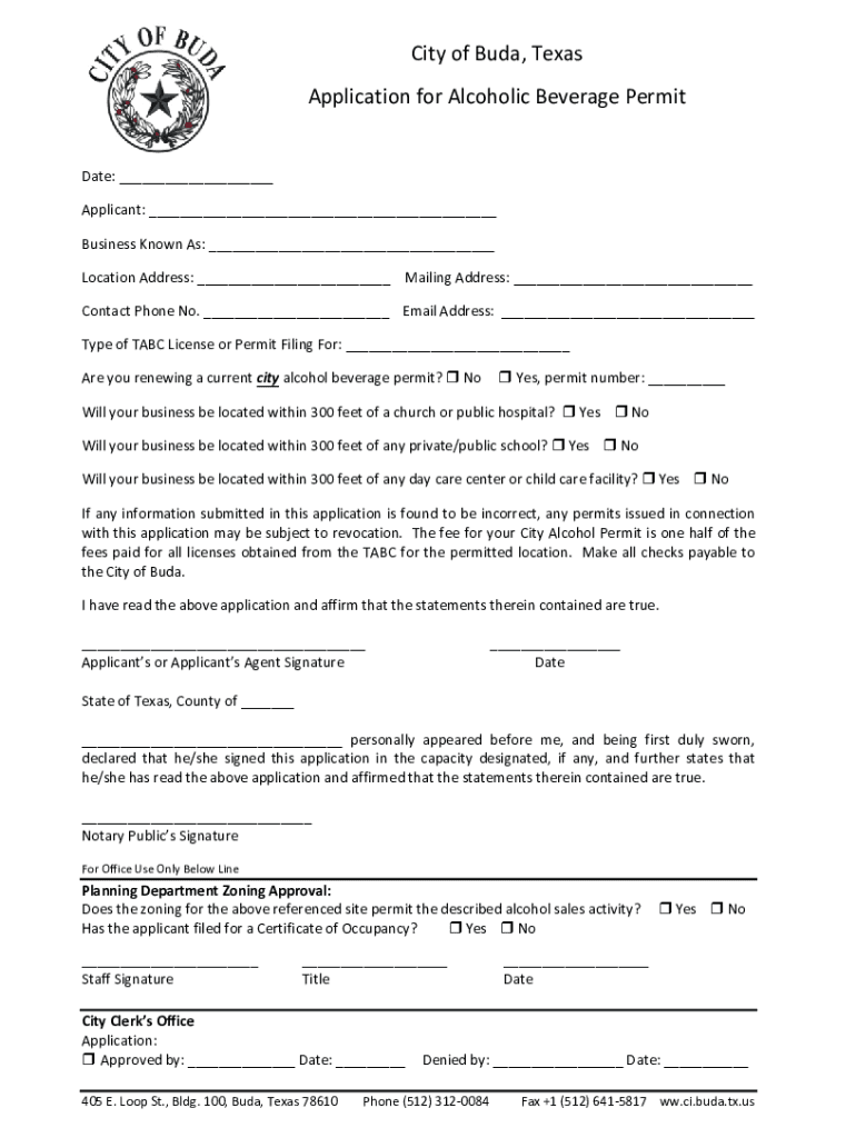 Fillable Online City of Buda, Texas Application for Alcoholic Beverage ...