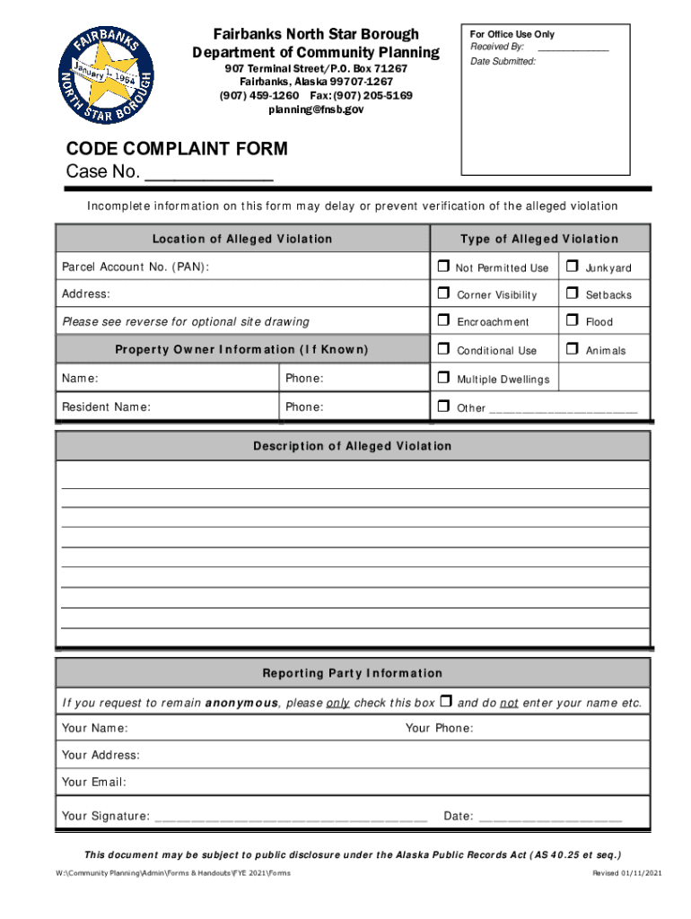 Fillable Online CODE COMPLAINT FORM Case No. Fax Email Print - pdfFiller